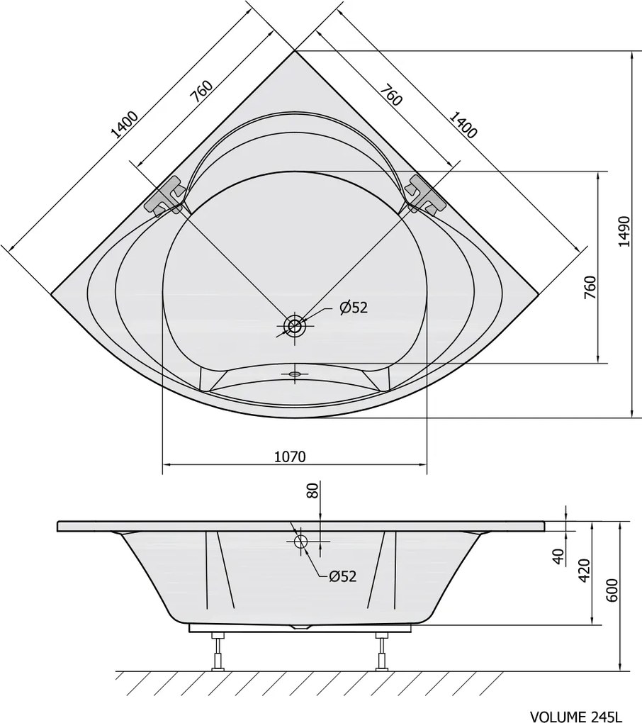 Polysan ALEXANDRA rohová vana 140x140x42cm, bílá (05111) 95111