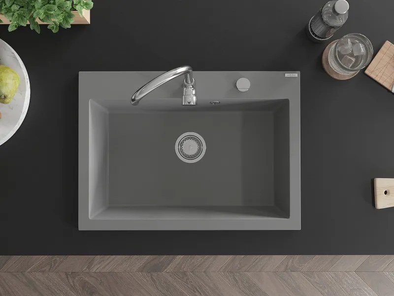 Mexen Elix granitový dřez 1-komorový 700 x 500 mm, šedý, chromový sifon - 6526701005-71