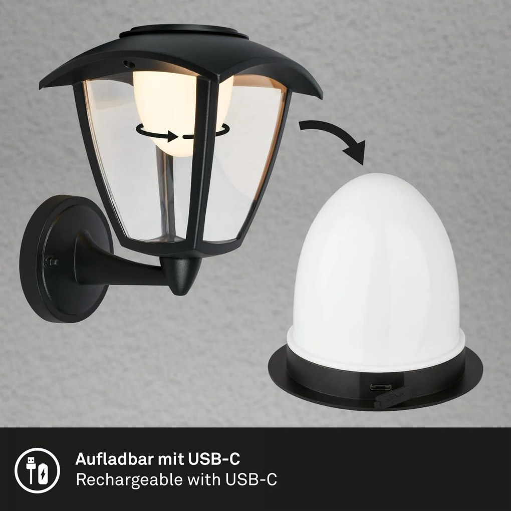 BRI 3929015 LED nabíjecí nástěnné svítidlo, venkovní, retro, dotykový vypínač, vyměnitelné baterie, vč. USB-C kabelu, stmívatelné, IP44, černá - BRILONER