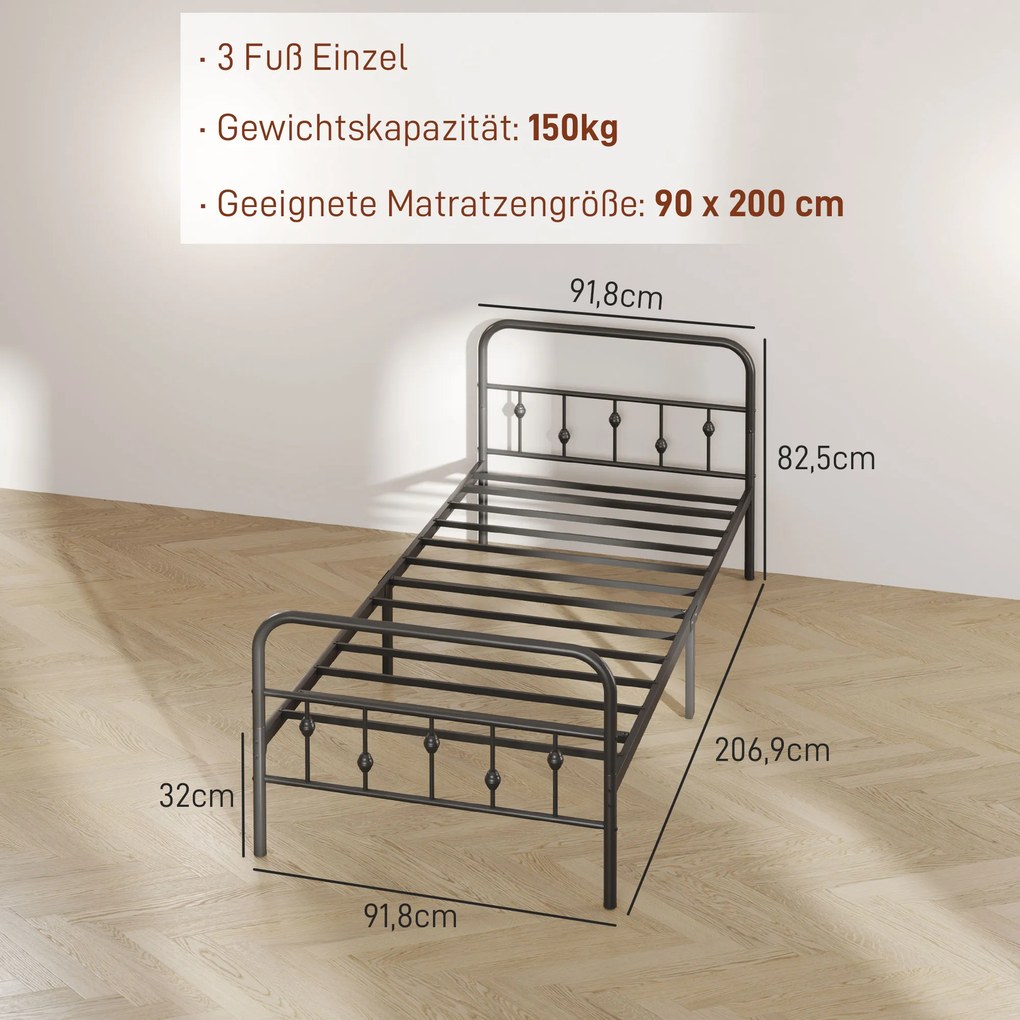 HOMCOM Rám postele pro matraci 200 x 90 cm, skládací rám postele, kovová postel vysoká 82,5 cm, kovový rám postele z kovu, do ložnice, pokoj pro host…