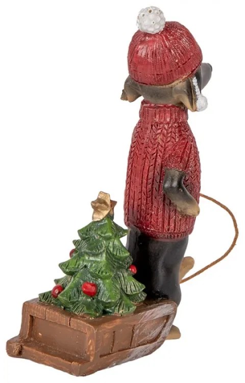 Vánoční dekorace figurka jezevčíka v čepici se sáňkami a stromečkem – 8x4x13 cm