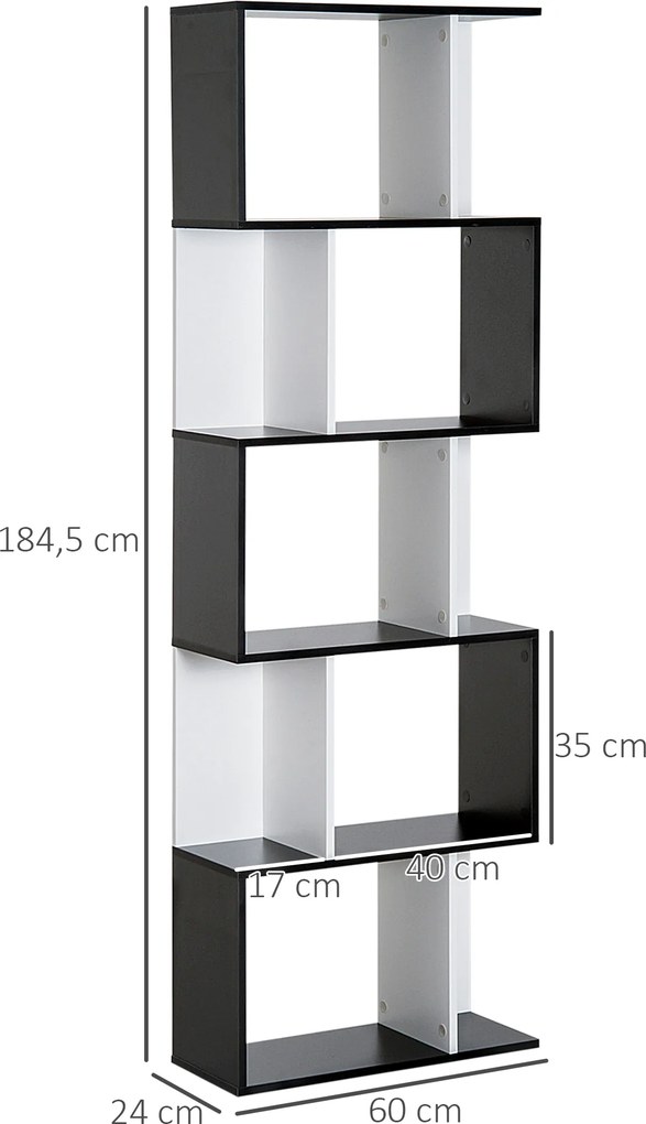 HOMCOM 5-patrová knihovna ve tvaru S, moderní design pro obývací pokoj a kancelář 60x24x184,5 cm Černá a bílá