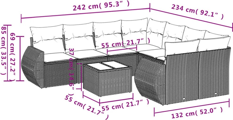 9dílná zahradní sedací souprava s poduškami šedá polyratan 3253497