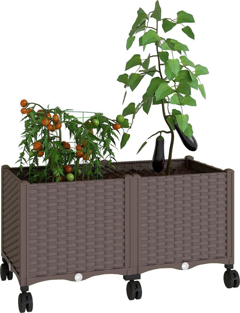 Outsunny zvýšený truhlík s 6 kolečky — mobilní venkovní plastový truhlík s nádrží na zavlažování a odtokem, 80×40×43 cm, hnědý | Aosom