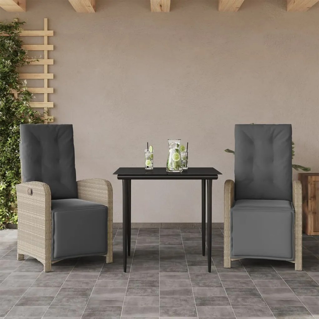 3dílný bistro set s poduškami světle šedý polyratan 3212598
