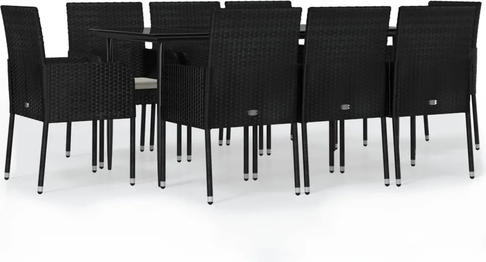 9dílný zahradní jídelní set s poduškami černý polyratan 3185146
