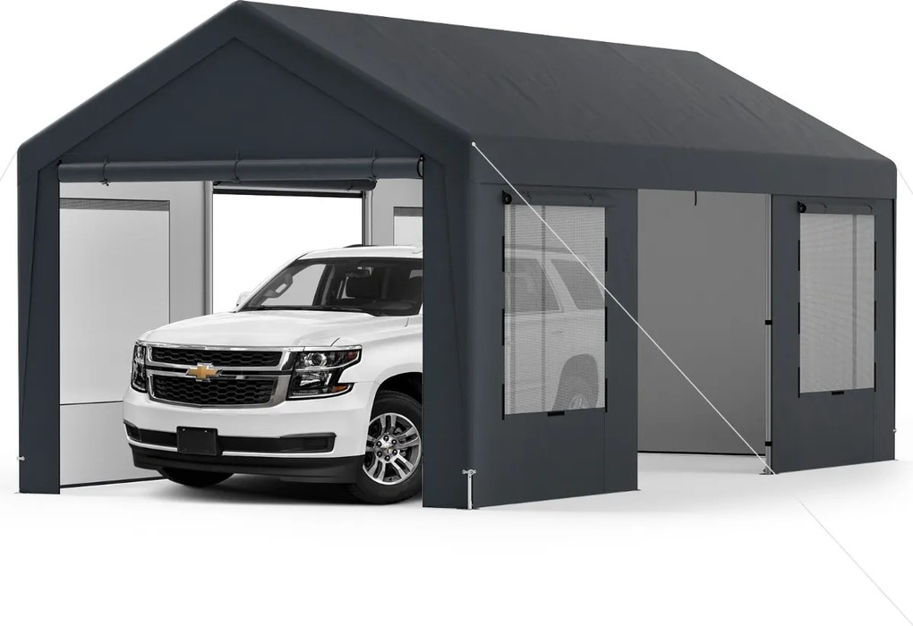 Costway Carport Stan Garáž s 8 odnímatelnými bočními stěnami a rolovacími dvířky