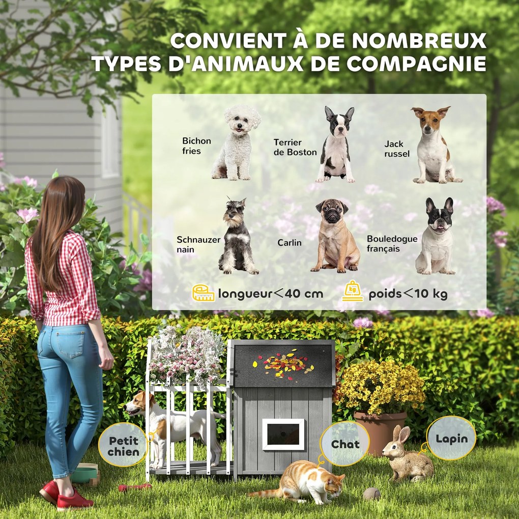 PawHut Dřevěný Psí Domek s Terasou a Zábradlím, Venkovní Psí Domeček se Skluzdoor a Špičatou Bitumenovou Střechou, pro Zahradu, Dvůr, Verandu, Patio,…
