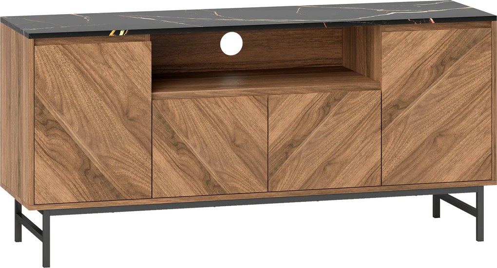 HOMCOM TV stolek pro TV až do 65 palců, nábytek z dřeva s otevřenou přihrádkou a průchodkou pro kabely, efekt mramoru, 140x39x66 cm, ořech
