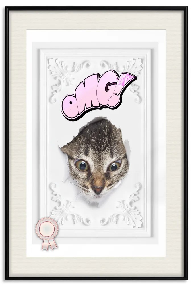 Plakát OMG! - komická kompozice s kočkou a anglickým textem na bílém pozadí