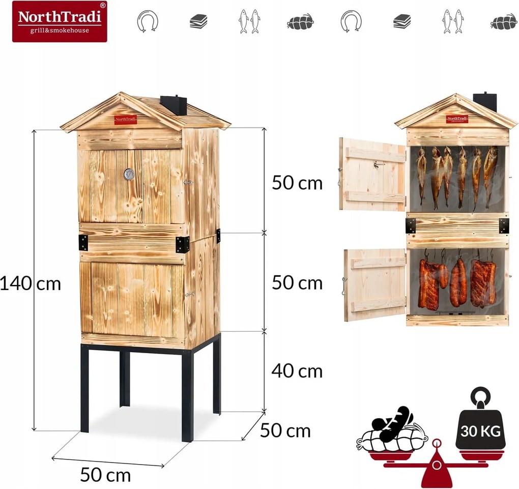 TRENDIE Udírna XXL dřevěná s kovovým komínem