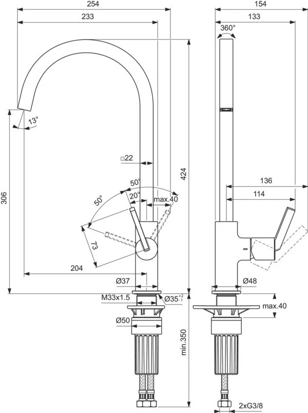 Ideal Standard Gusto - Dřezová baterie s vysokým hranatým otočným výtokem, magnetově šedá BD411A5