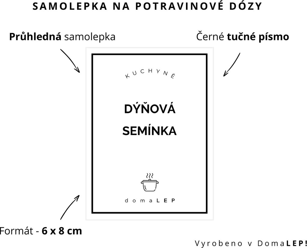 DÝŇOVÁ SEMÍNKA - omyvatelná samolepka na dózu, výběr rozměrů Ø 5 cm / 5 x 5 cm / 6 x 8 cm | DomaLEP tvar: KOLEČKO, barva: PRŮHLEDNÁ - ČERNÉ písmo, velikost: Ø 5 cm - tučné písmo