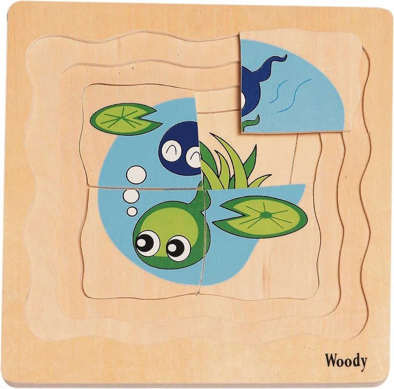WOODY DŘEVO Puzzle naučné vývoj žáby 4 vrstvy 4 obrázky 4v1 na desce 90078
