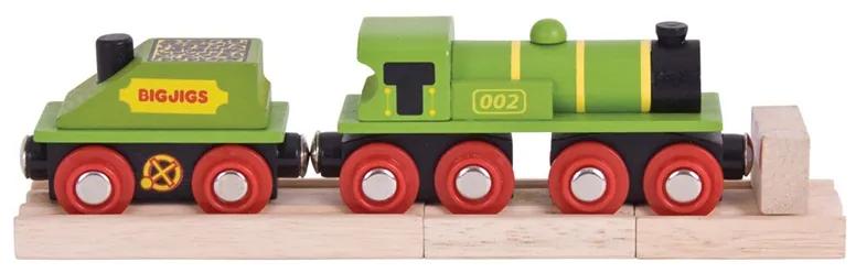Bigjigs Rail Dřevěná zelená lokomotiva s tendrem + 3 koleje