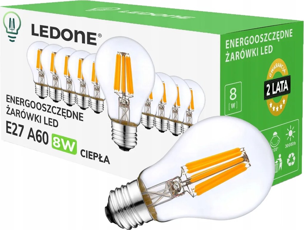 10x Led filamentová žárovka E27 A60 8W bílá Teplá retro Clear Led sada