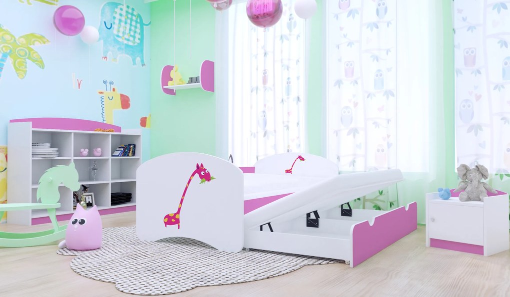 Svět pokojů Dětská postel Kevin pro dvě děti - žirafa + matrace zdarma Barva: Růžová, Rozměr: 160x80 cm, Zábrana: NE