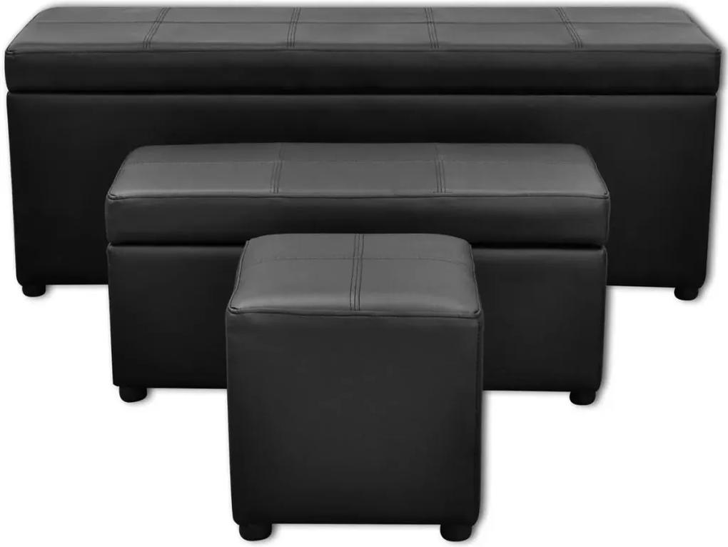 Černé koženkové úložné lavice s taburetem | sada 3 ks