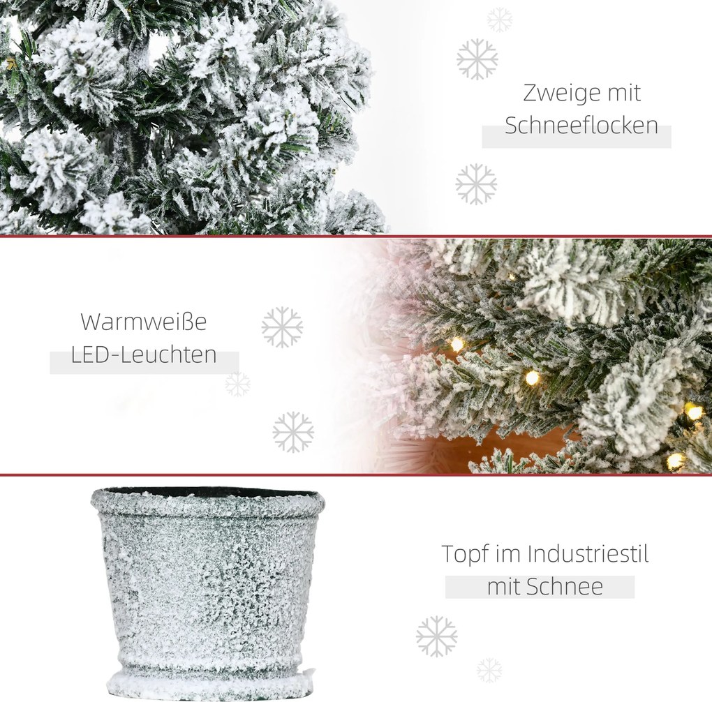 HOMCOM Mini vánoční stromek Ø40x90 cm, umělý sníh, 60 LED, nehořlavý, plast, zelená/bílá