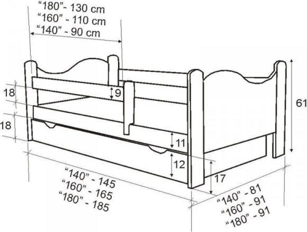MB Dětská postel Nocturno z masivu borovice se zábranou Barva: Bílá, Rozměry postele: 180 x 80 cm
