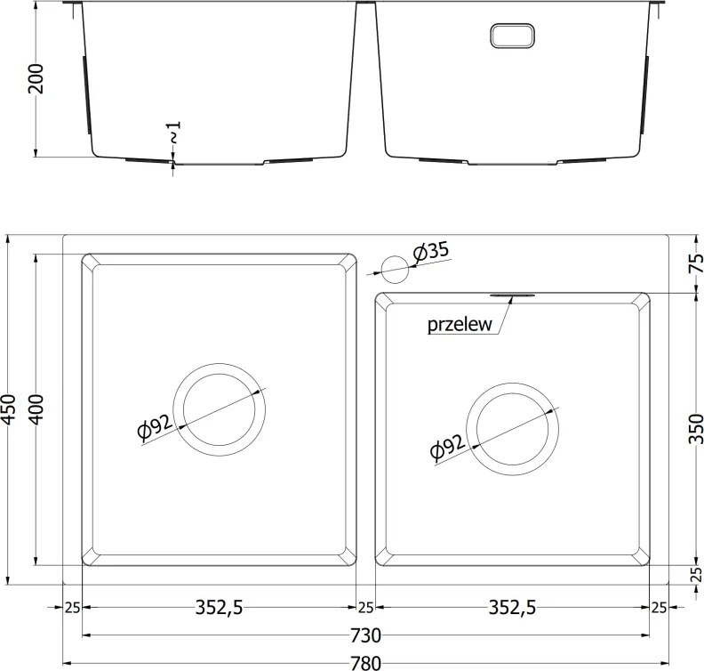 Mexen Xorin, 2-komorový nerezový dřez 780 x 450 mm, broušená ocel, 6441782000-01