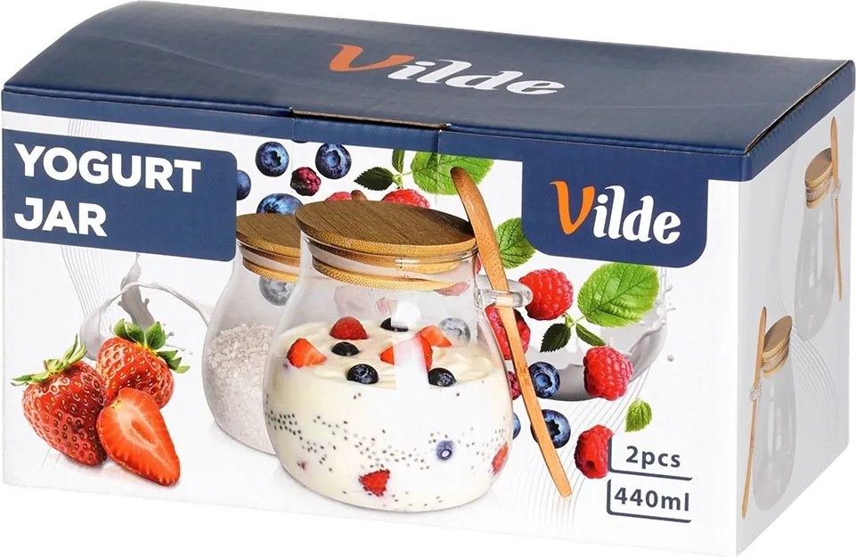 VILDE Sada 2ks sklenic na jogurt / dezert s bambusovým víčkem a lžicí, 2x440ml