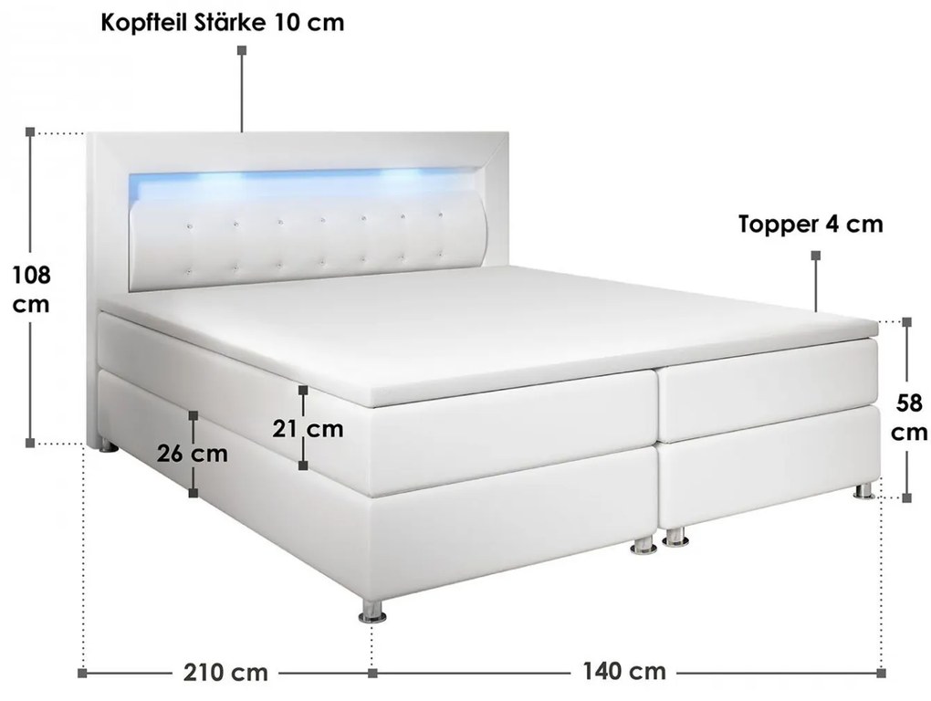 Goleto Postel Box Spring Montana s LED osvětlením 140 x 200 cm | bílá