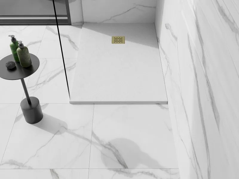 Mexen Stone+, obdélníková vanička z minerálního kompozitu 100 x 80 cm, bílá, zlatá lesklá krytka, 44108010-G