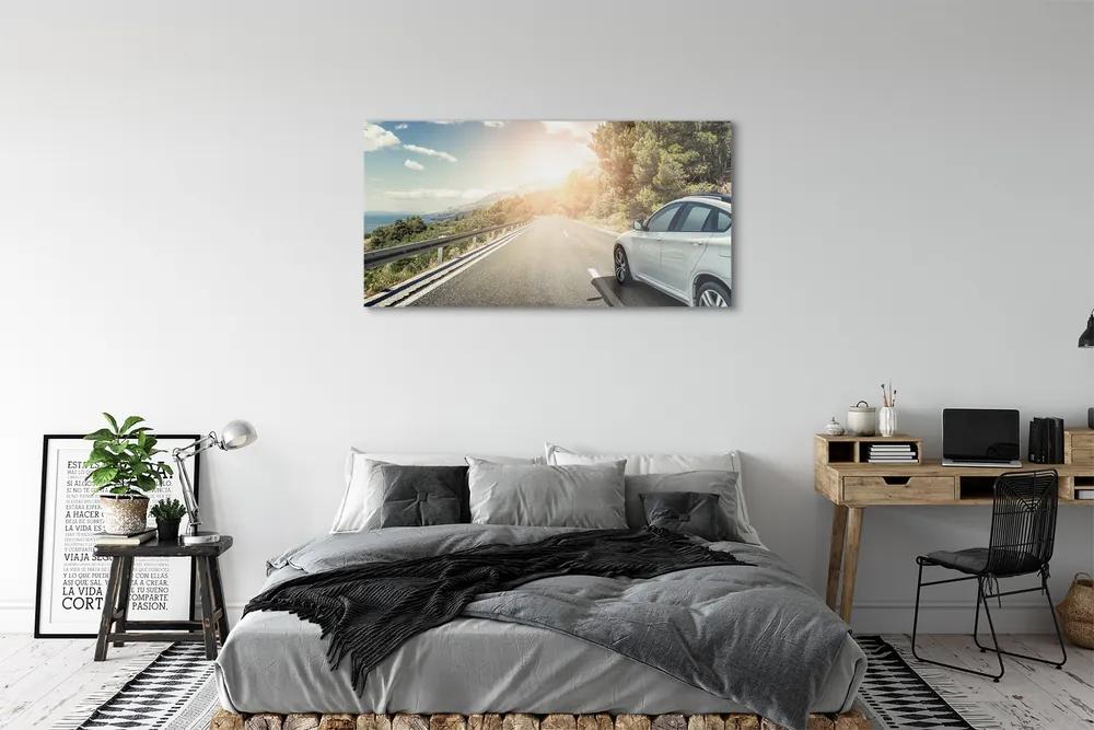 akrylový obraz Hory mraky auto silnice strom 125x50 cm