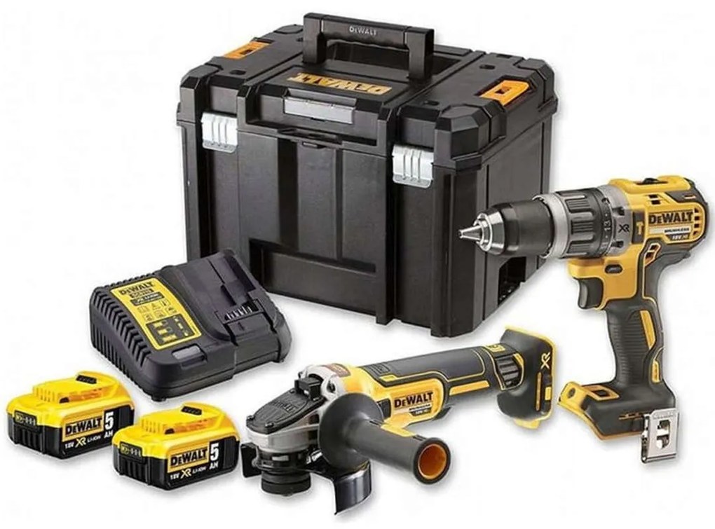 DeWALT - 18V AKU sada vrtacího šroubováku a úhlové brusky, 2x aku 5,0 Ah XR, nabíječka DCK2020P2T