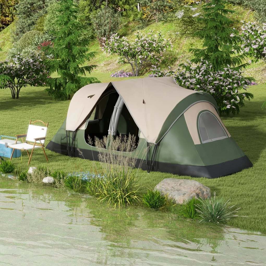 Outsunny Rodinný Stan pro Kempování pro 6-8 Osob Skládací Kempingový Stan s 2 Místnostmi a Vodotěsnou Taškou pro Turistiku 450x215x180 cm Olivově Zel…