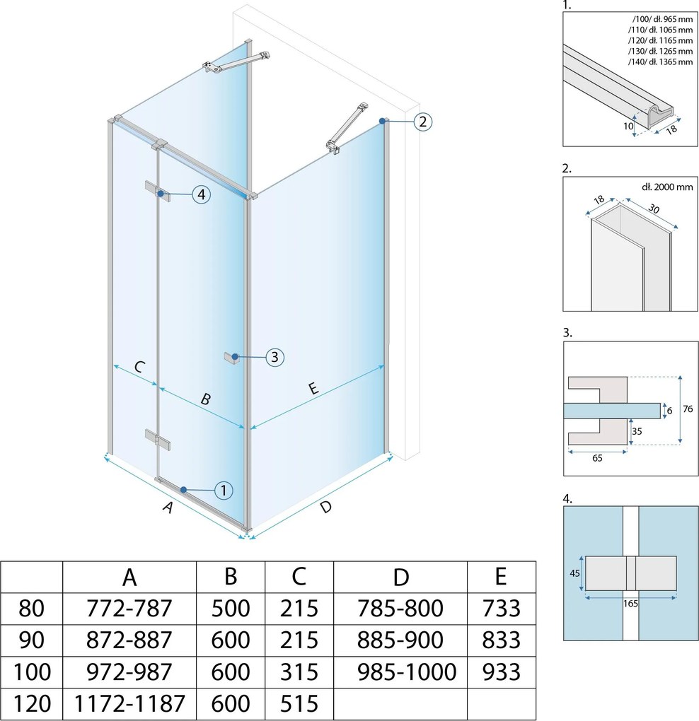 Rea Atlas, sprchový kout 100 (dveře) x 90 (stěna), levá strana, 6mm čiré sklo, zlatý profil, KPL-K4874