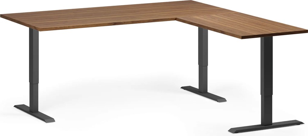 Rohový výškově nastavitelný stůl, 180x180 cm, 3 motory, L/P, černá podnož, ořech