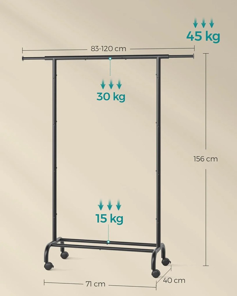 Stojan na oblečení, mobilní úložný stojan na kolečkách, rozměry: 40 x (83-120) x 156 cm, inkoustově černý