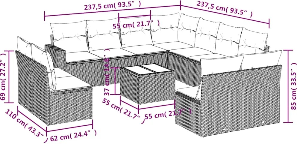 12dílná zahradní sedací souprava s poduškami černá polyratan 3219125