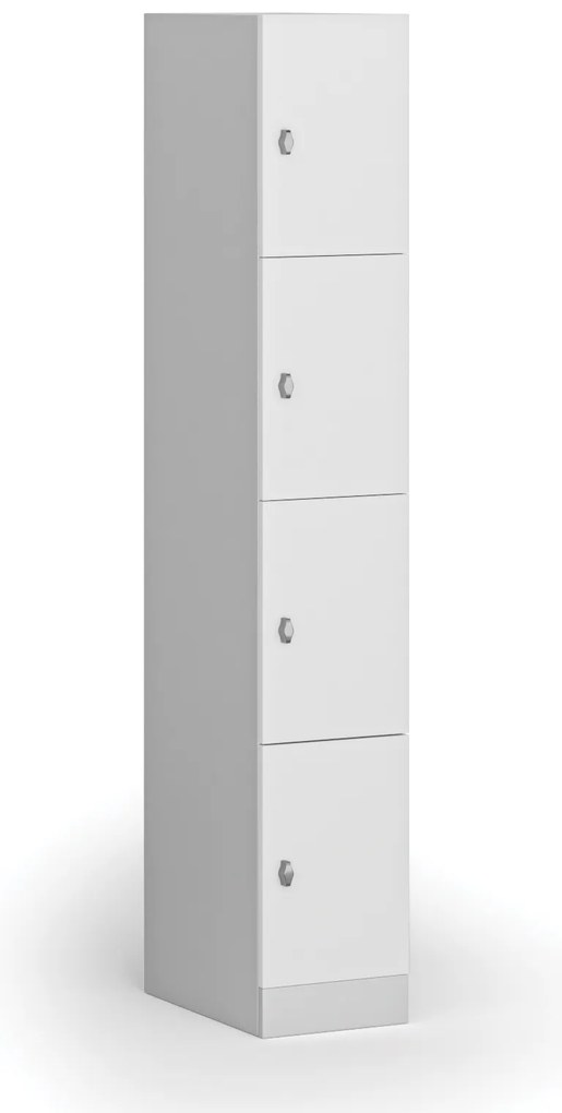 Šatní skříňka S1 s úložnými boxy, 4 boxy, 1850 x 300 x 500 mm, otočný zámek, laminované dveře, bílá