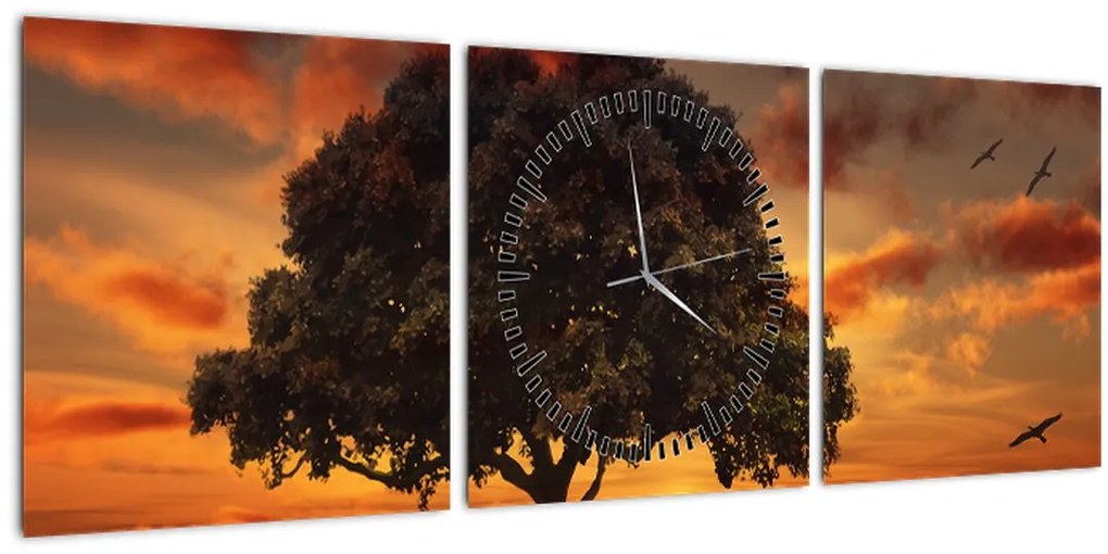 Obraz stromu se západem slunce (s hodinami) (90x30 cm)