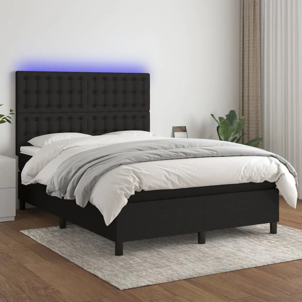 Box spring postel s matrací a LED černá 140x190 cm textil