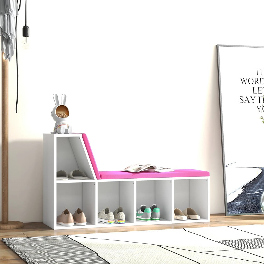 HOMCOM knihovní regál 2 v 1 s lavicí, 5 úložných přihrádek a 2 polštáři 108 x 30 x 60 cm bílá/růžová