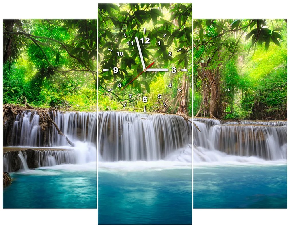 Gario Obraz s hodinami Čirý vodopád v džungli - 3 dílný Rozměry: 90 x 70 cm