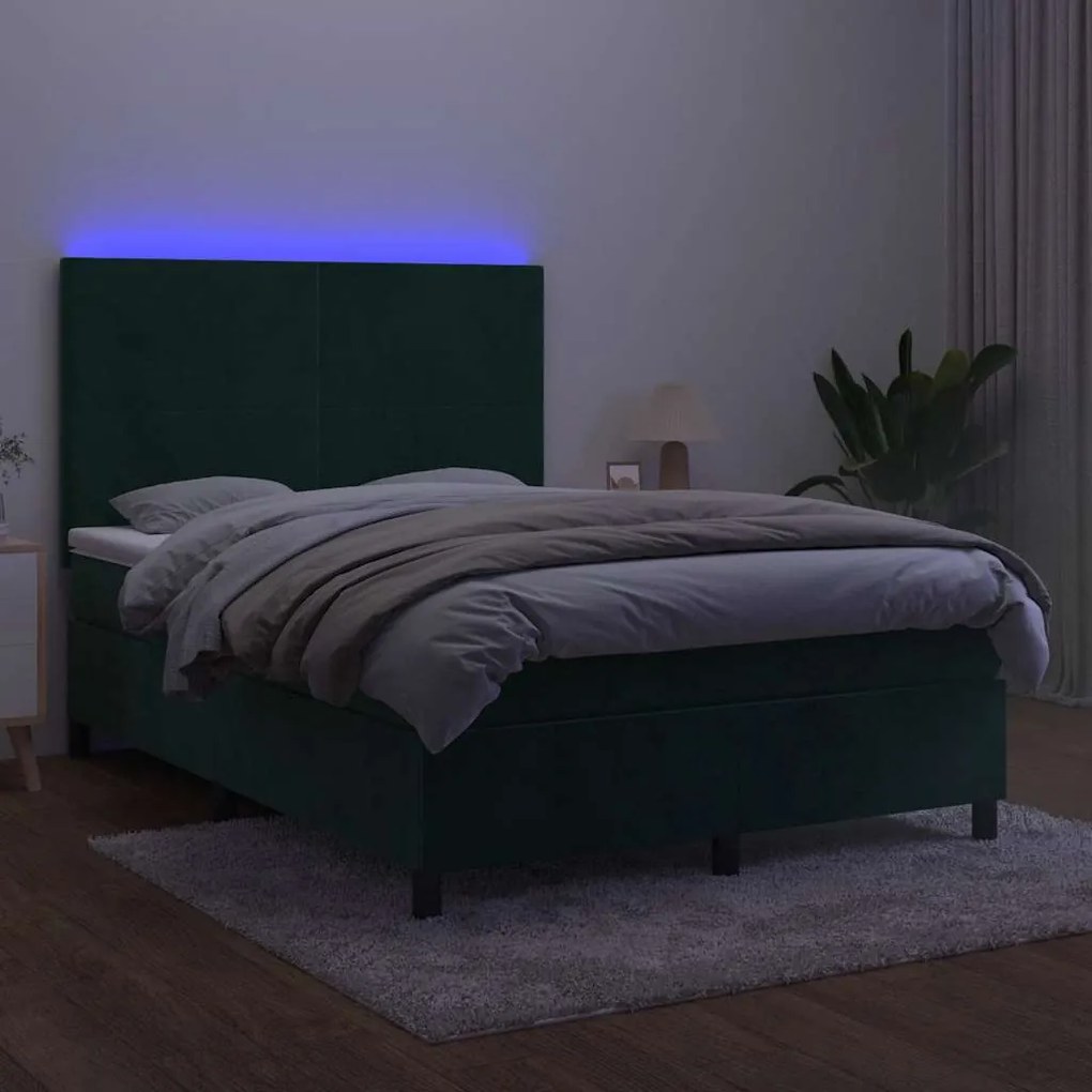 Box spring postel s matrací a LED tmavě zelená 140x190 cm samet 3136002