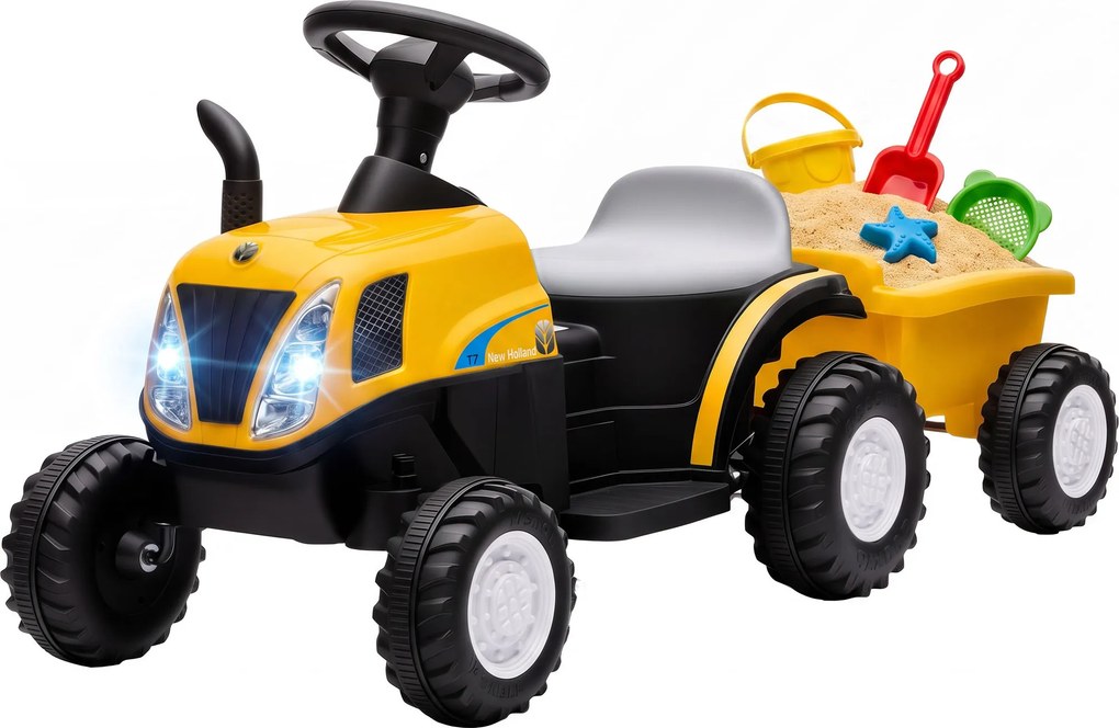 AIYAPLAY Elektrický dětský traktor s odnímatelným přívěsem, sedací traktor s lithiovou baterií, pedál na nohy, hudba, klakson, světlo, žlutá