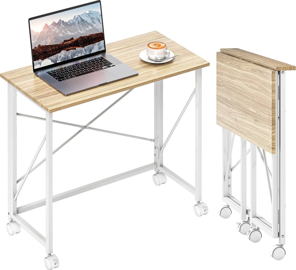HOMCOM Skládací stůl na kolečkách Kompaktní počítačový stůl, Stolek na laptop pro domácí kancelář do malých prostor 80x40x75 cm Přirozený | Aosom