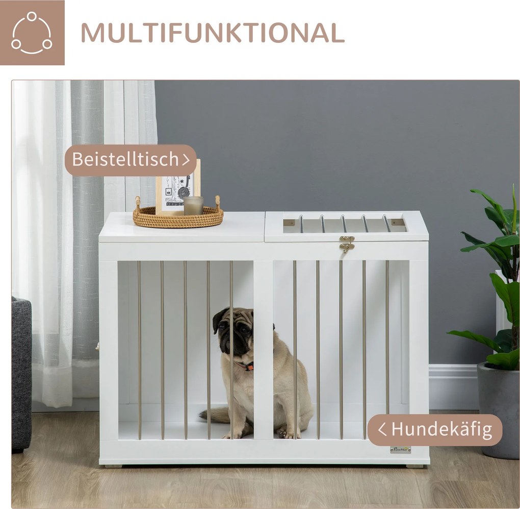 PawHut klec pro psy Klec pro střední psy 80 x 50 x 56,5 cm s dvířky a transportní funkcí v bílé barvě | Aosom.de