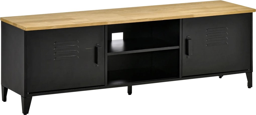 HOMCOM TV Stojan pro televizory do 55'' s 2 skříňkami, nastavitelné nohy, černý kovový rám, přírodní dřevěný vršek, 150 x 40 x 50 cm