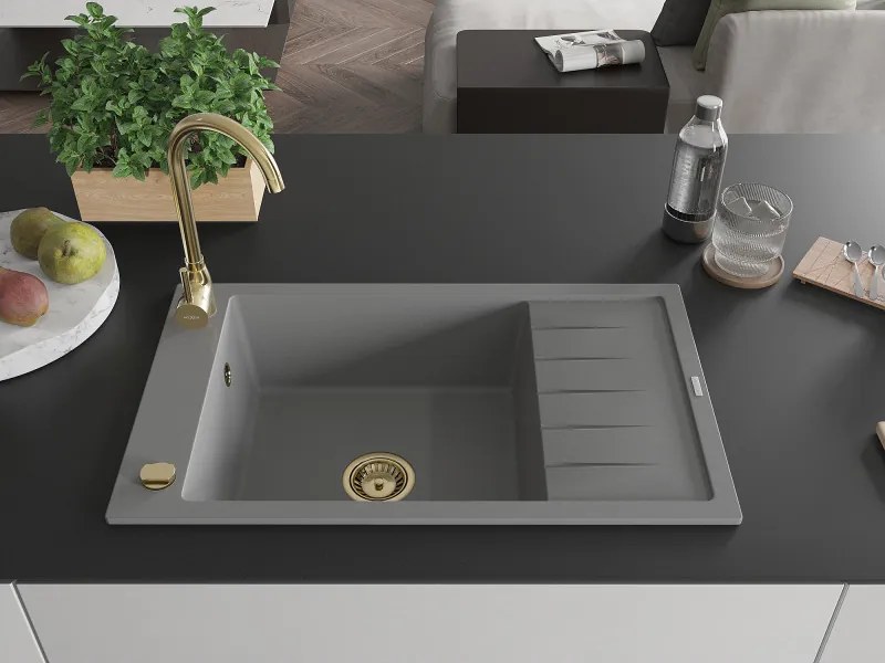 Mexen Elias, granitový dřez granitový 795x480x200 mm, 1-komorový, šedá se zlatým sifonem, 6511791005-71-G