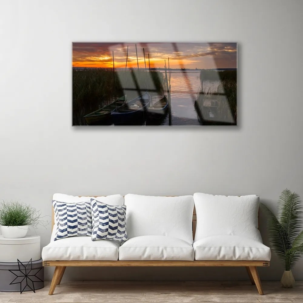 Obraz na skle Loďky Moře Tráva Krajina 100x50 cm