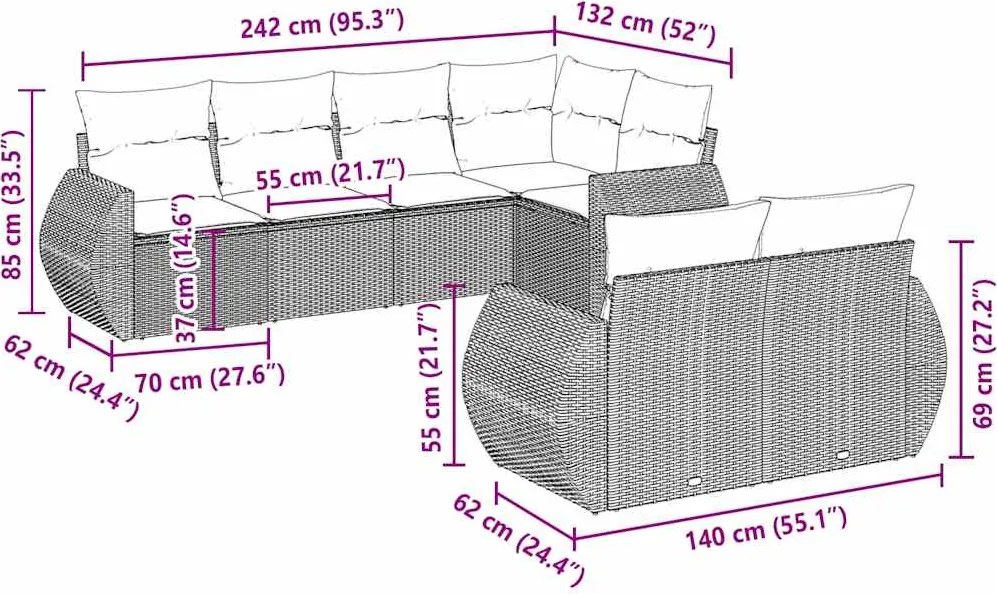 7dílná zahradní sedací souprava a podušky světle šedá polyratan 3253949