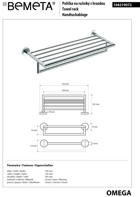 Bemeta Design OMEGA: Držák ručníků, 500 mm, s hrazdou - 104219072