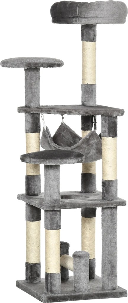 PawHut Kočičí strom Škrabací sloupek Kočičí hrací věž Kočičí šplhací strom Škrabací sloupek Houpací síť Šedá L40 x Š40 x V132 cm